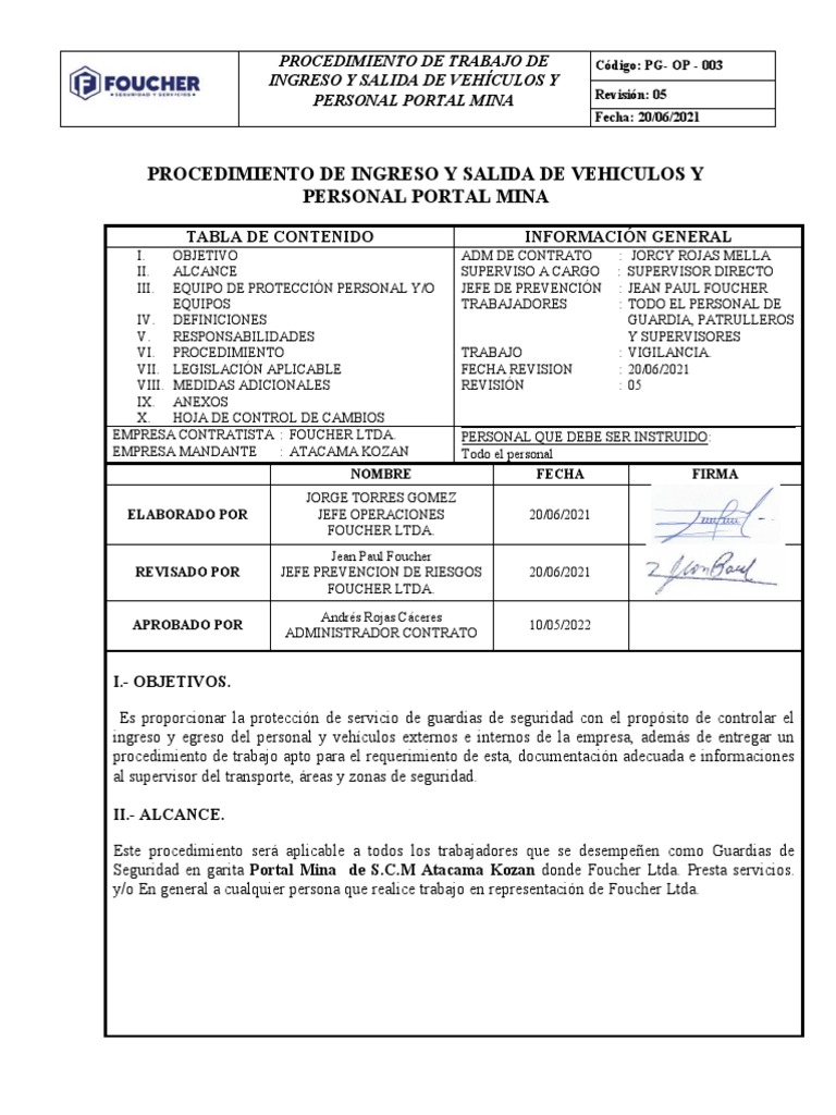Pg-Op-003 Procedimiento de Ingreso y Salida de Vehiculos y Personal Portal Mina PTS01 | PDF ...