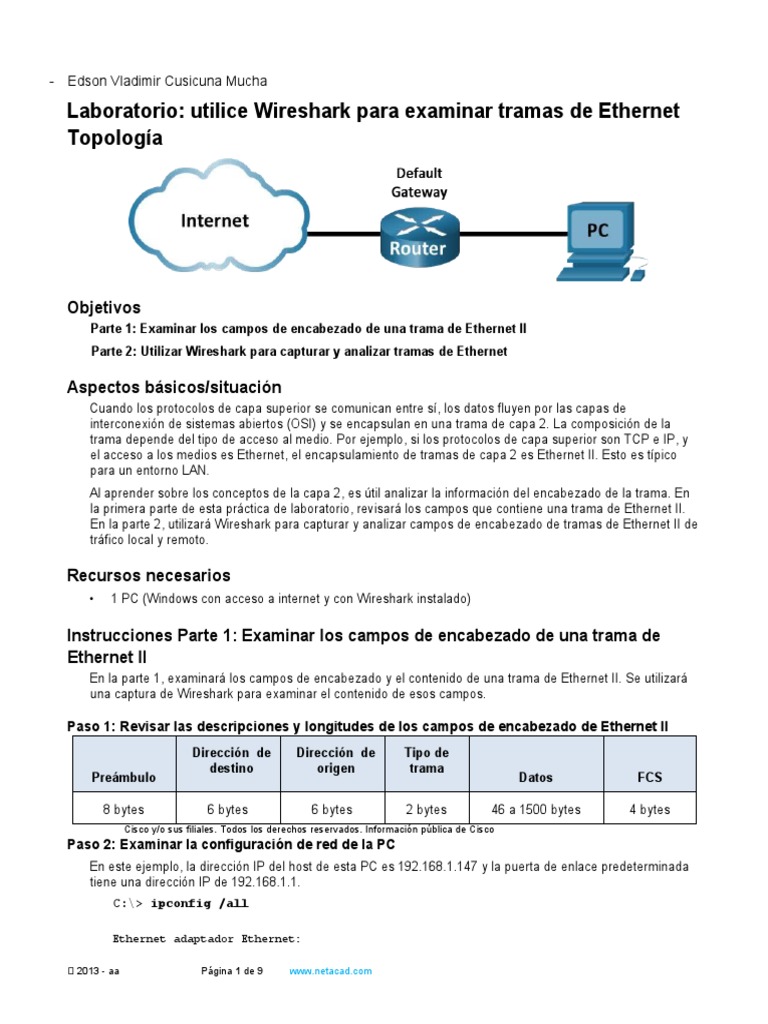 7 1 6 Lab Use Wireshark To Examine Ethernet Frames Es Xl Pdf Controlador De Interfaz De