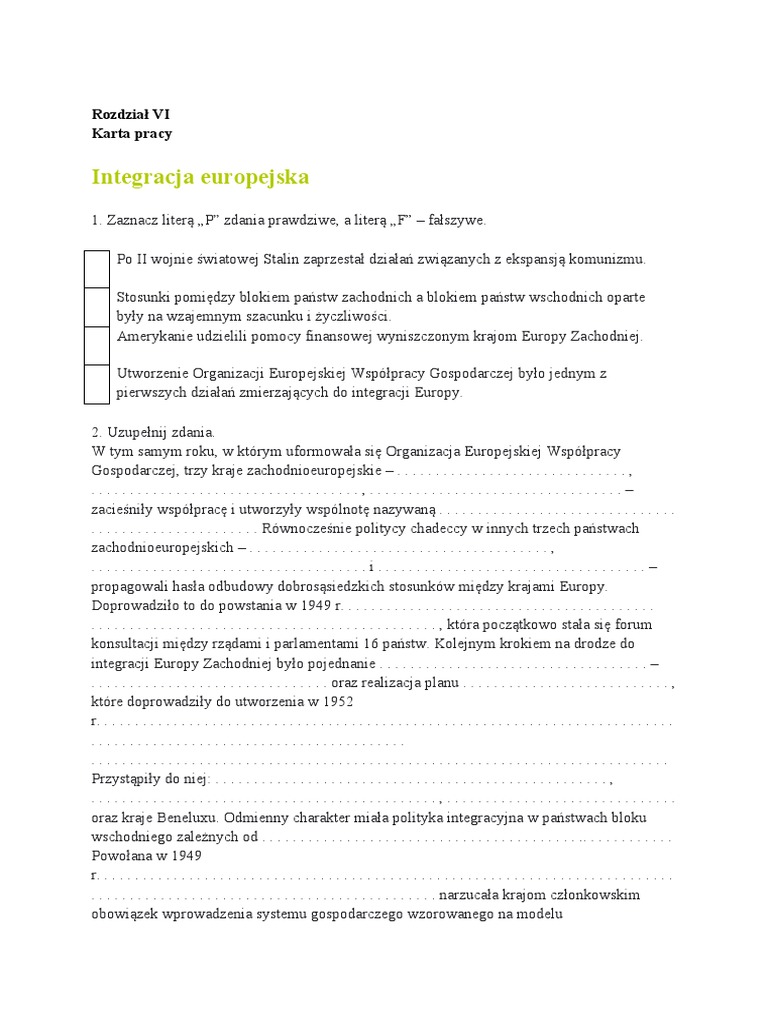 Integracja Europejska: Rozdział VI Karta Pracy | PDF
