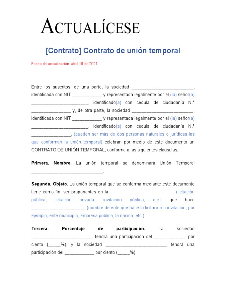 Contrato de Unión Temporal: Cláusulas Esenciales | PDF | Liquidación ...