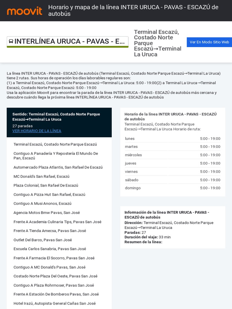 Interlínea Uruca - Pavas - E : Terminal Escazú, Costado Norte Parque Escazú Terminal La Uruca ...