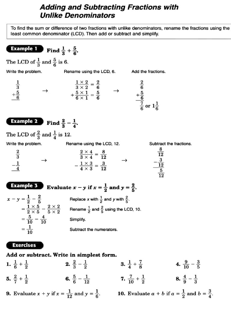 Adding & Subtracting Fractions Worksheets | PDF | Mathematical Concepts ...