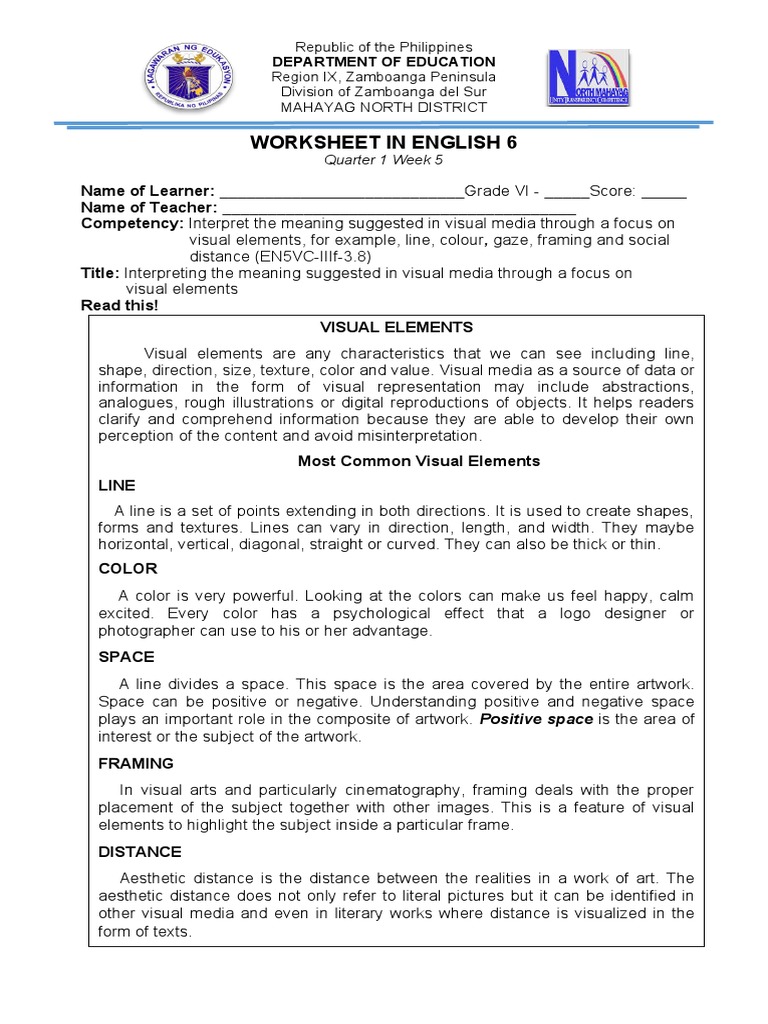 ENGLISH WORKSHEET Grade 6 WEEK 5 | PDF | Color | Framing (Social Sciences)