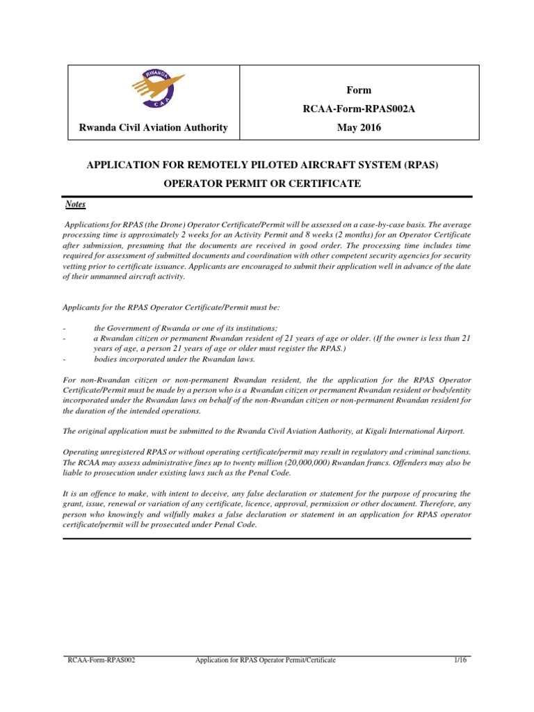 Rwanda RPAS Operator Permit Application | PDF | Unmanned Aerial Vehicle ...