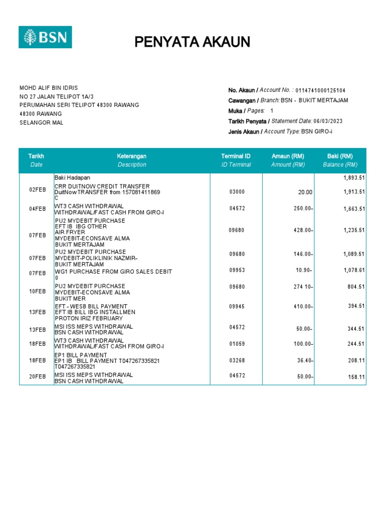 Penyata Akaun: Tarikh Date Keterangan Description Terminal ID ID ...