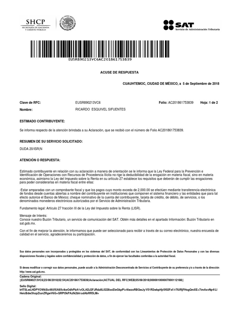 Acuse de Respuesta | PDF | Impuesto sobre la renta | Privacidad de la ...