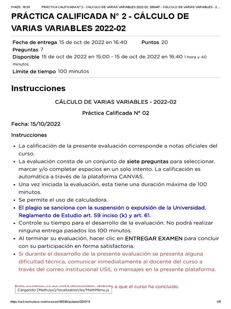 Práctica Calificada #2 - Cálculo de Varias Variables 2022-02 - 280447 - Cálculo de Varias ...