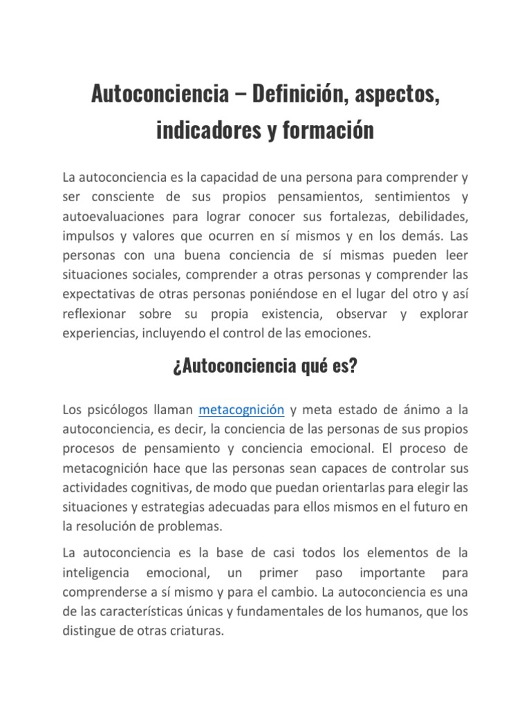 Definición y aspectos de autoconciencia | PDF | Pensamiento | Autoestima