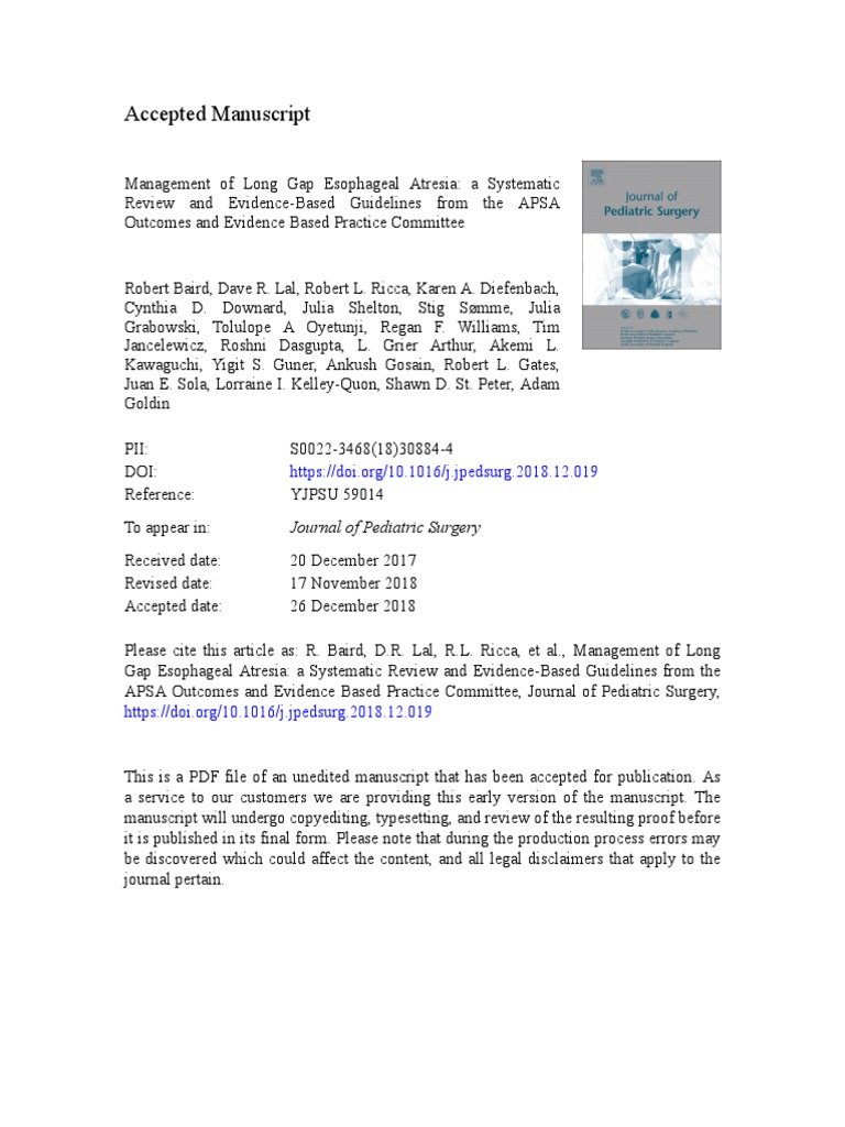 Accepted Manuscript: Journal of Pediatric Surgery | PDF | Esophageal ...
