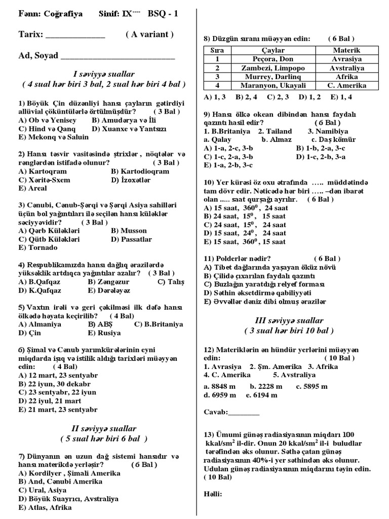 I Səviyyə Suallar (4 Sual HƏR Biri 3 Bal, 2 Sual HƏR Biri 4 Bal) | PDF