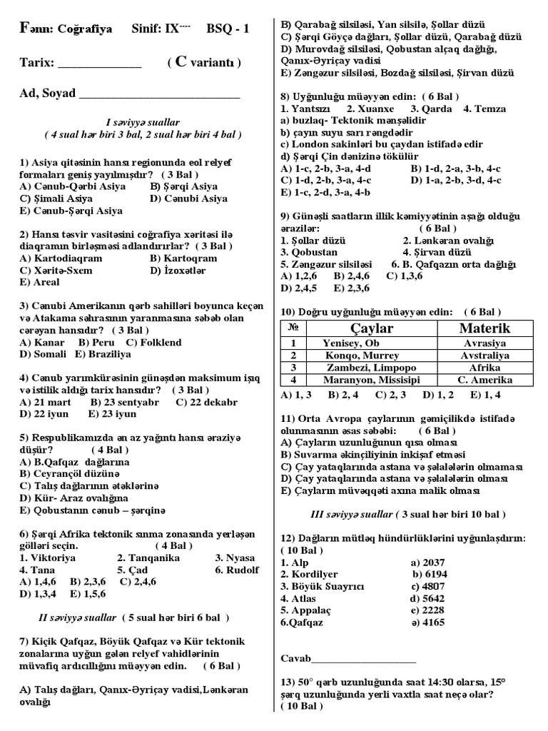 ƏNN: Coğrafiya Sinif: IX BSQ - 1: I Səviyyə Suallar (4 Sual HƏR Biri 3 Bal, 2 Sual HƏR Biri 4 ...