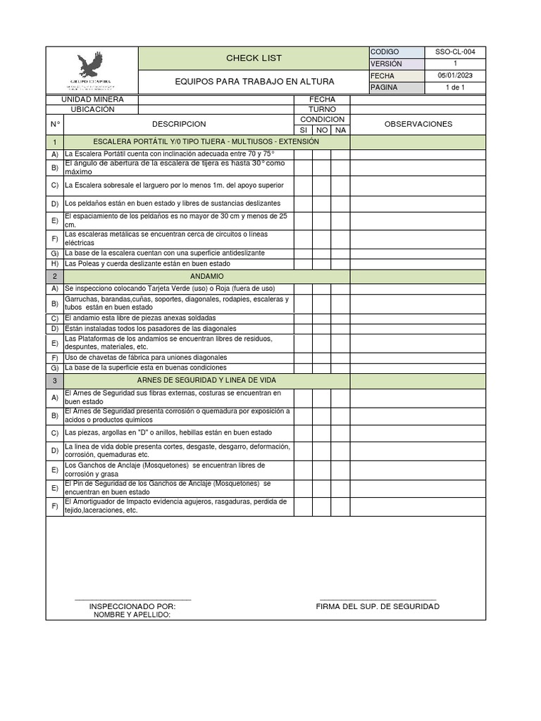 Sso-Cl-004 Check List Trabajo en Altura | PDF