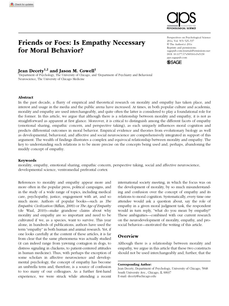 Friends or Foes: Is Empathy Necessary For Moral Behavior?: Jean Decety ...