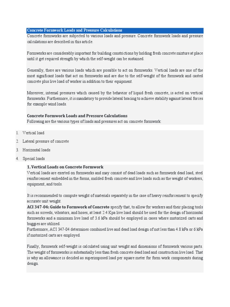 Concrete Formwork Loads and Pressure Calculations | PDF | Concrete ...
