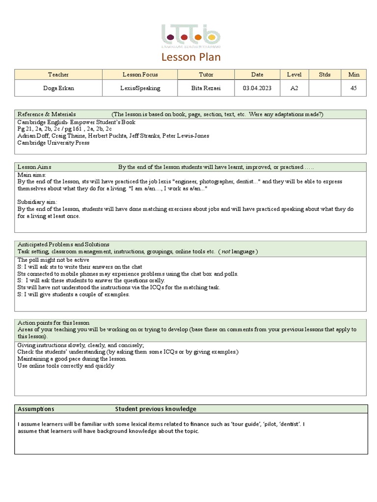 CELTA TP1 Lesson Plan 1 | PDF | Learning | Second Language