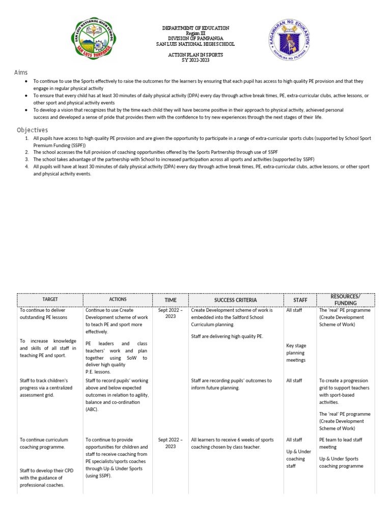 Action Plan for School Sports 2022-2023 | PDF | Physical Education ...