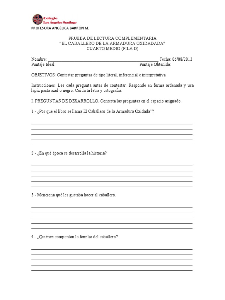 PRUEBA de LECTURA COMPLEMENTARIA El Caballero de La Armadura Oxidada | PDF PRUEBA de LECTURA COMPLEMENTARIA El Caballero de La Armadura Oxidada | PDF