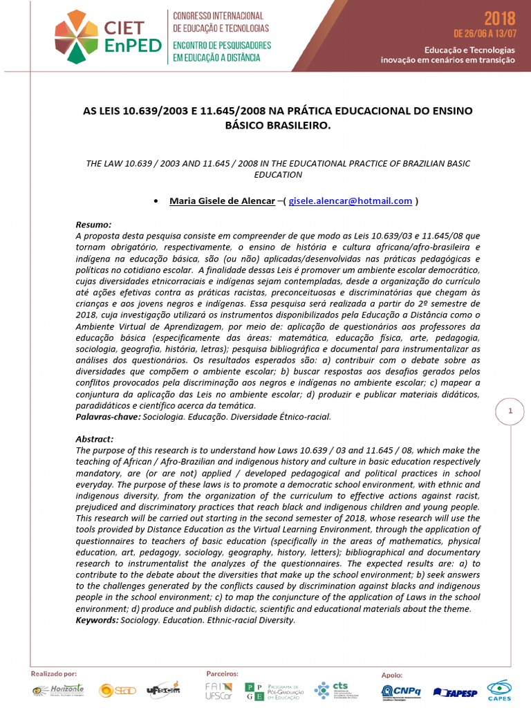 As Leis 10.639 e 11.645 Na Prática Educacional Do Ensino Básico ...