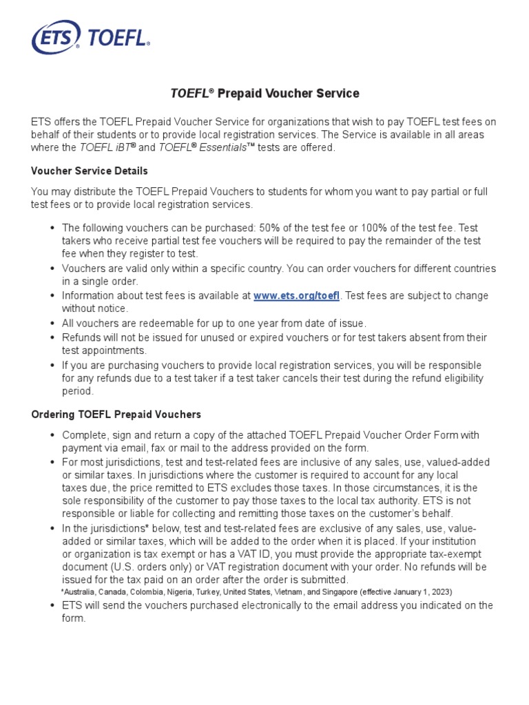 Toefl Ibt Examinee Fee Voucher Service | PDF | Fee | Voucher