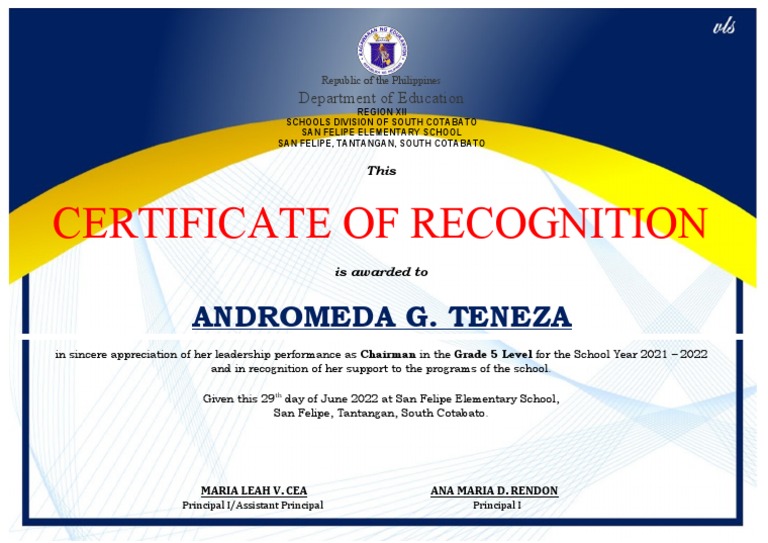 Certificate of Recognition For Grade Chairman | PDF