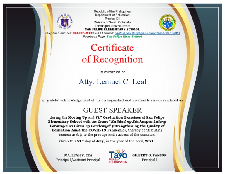 Certificate of Recognition For PTA 2021-2022 | PDF