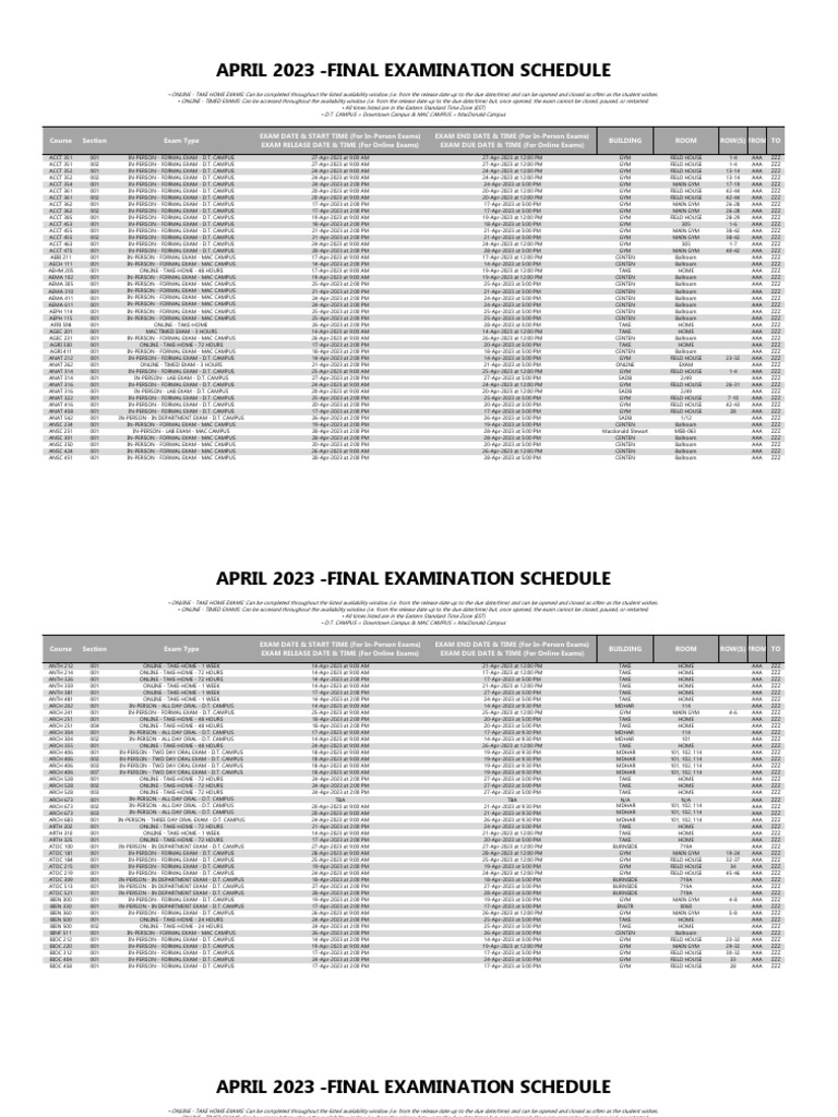 April 2023 Final Exam Schedule | PDF