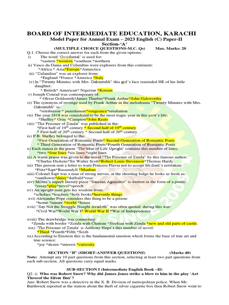 Board of Intermediate Education, Karachi: Model Paper For Annual Exam ...