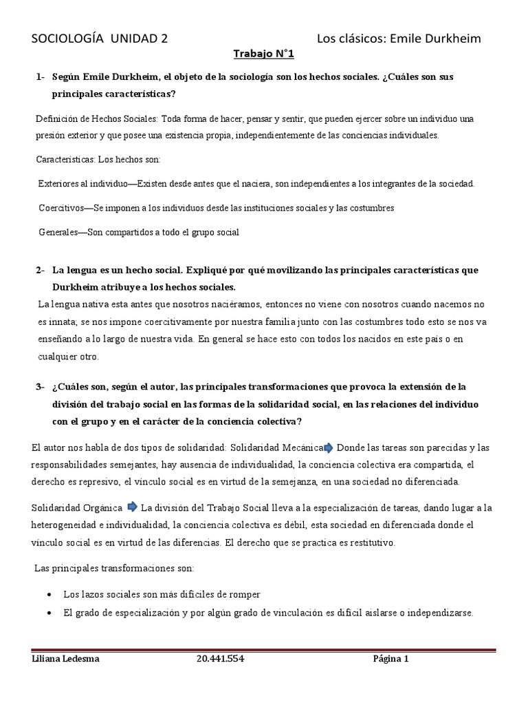 SOCIOLOGÍA UNIDAD 2 Los clásicos. TP1 | PDF | Emile Durkheim | Sociedad