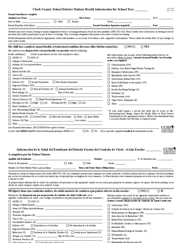 Clark County School District Student Health Information For School Year ...