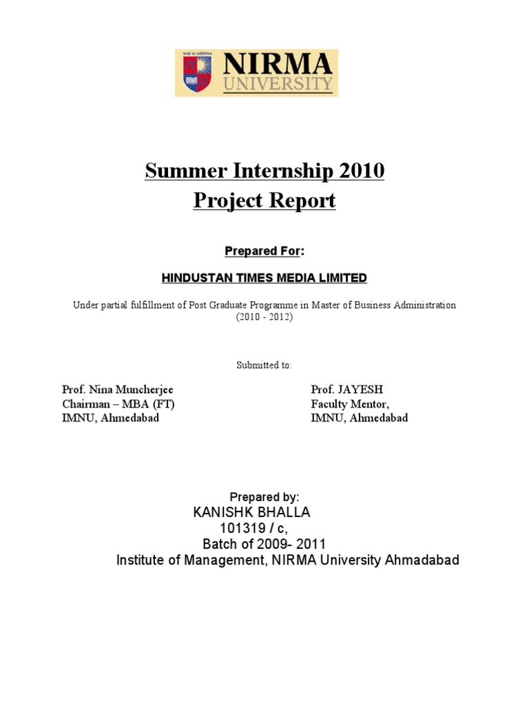 Summer Internship 2010 Project Report: Prepared For: Hindustan Times ...