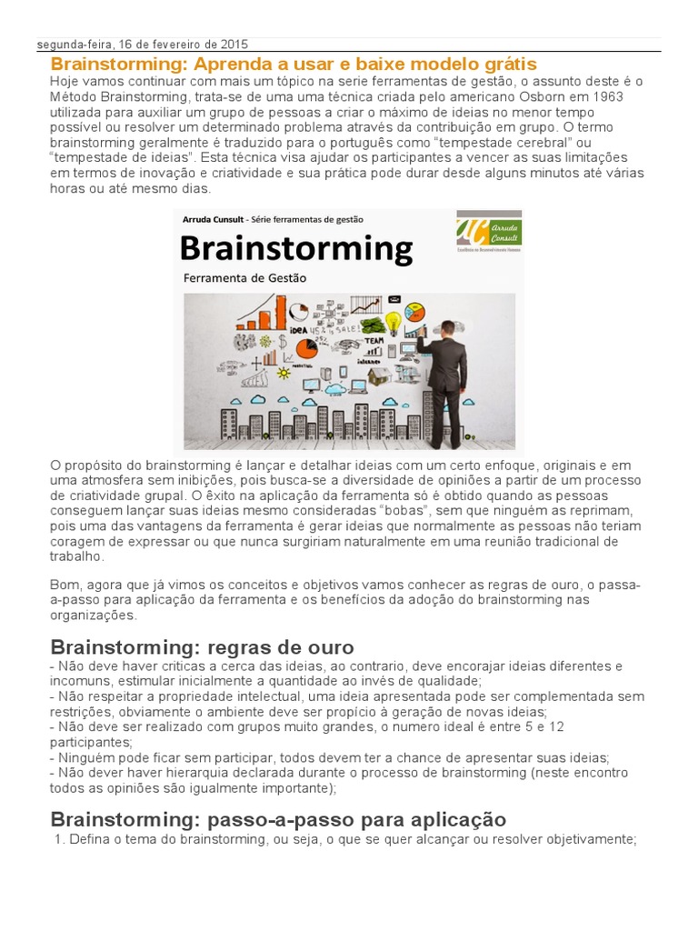 Brainstorming: Aprenda A Usar e Baixe Modelo Grátis | PDF | Debate