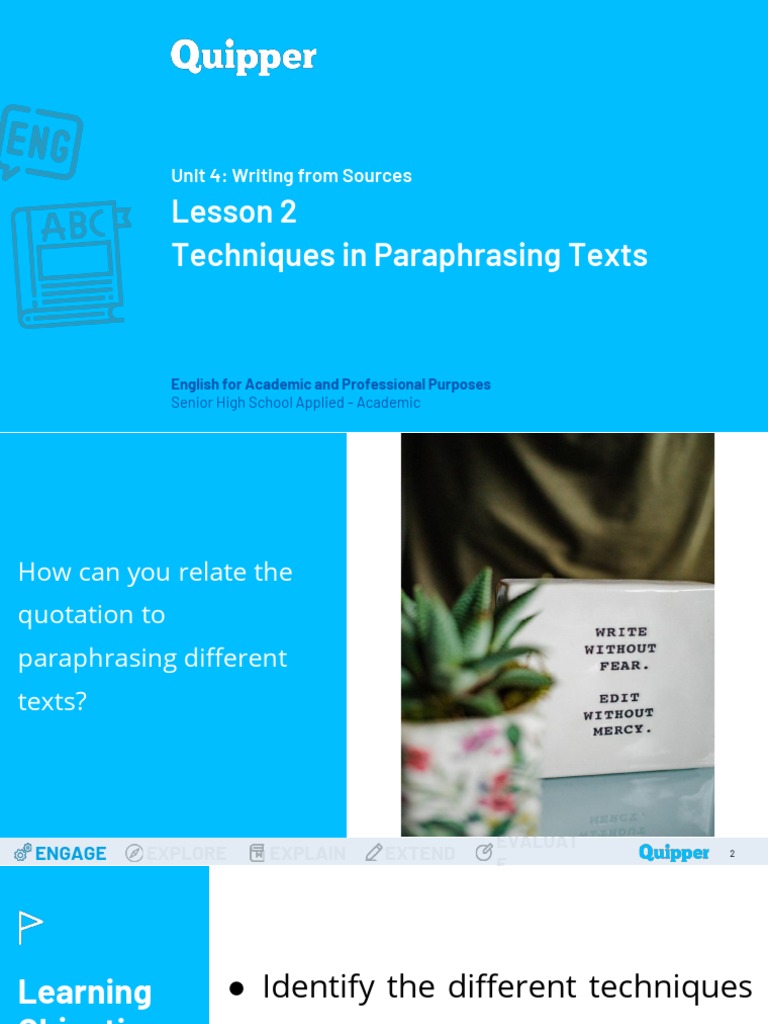 EAP 11 - 12 - UNIT 4 - LESSON 2 - Techniques in Paraphrasing Texts ... EAP 11 - 12 - UNIT 4 - LESSON 2 - Techniques in Paraphrasing Texts ...
