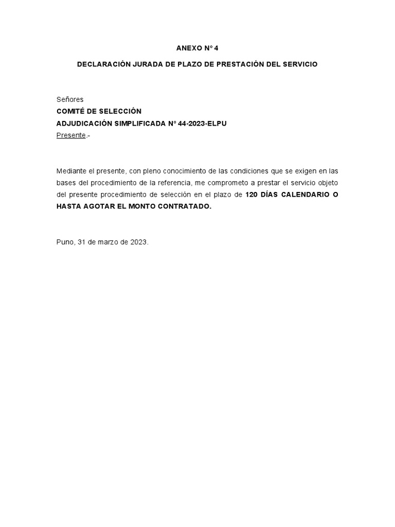 Anexo #4 Declaración Jurada de Plazo de Prestación Del Servicio | PDF