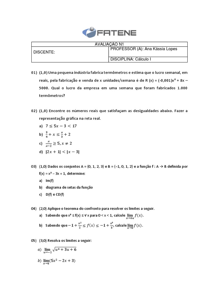 Exercícios de Cálculo I para Estudantes | PDF