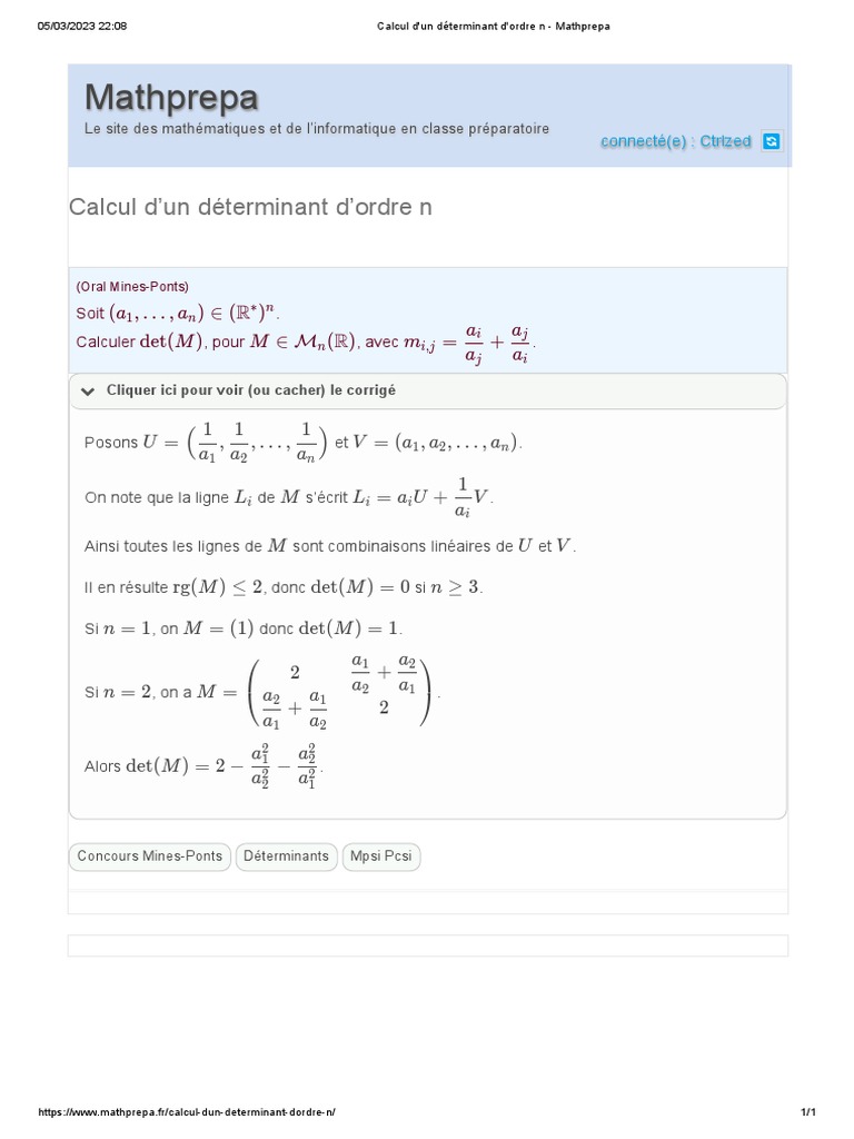 Calcul D'un Déterminant D'ordre N - Mathprepa | PDF | Mathématiques