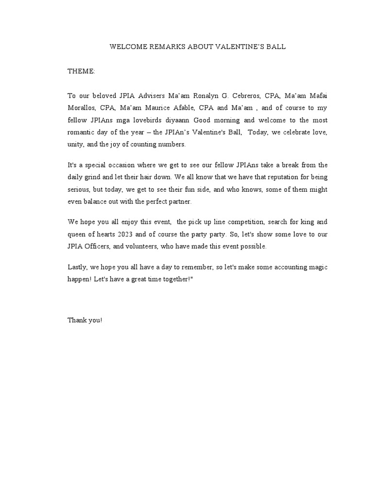 Welcome Remarks About Valentine | PDF