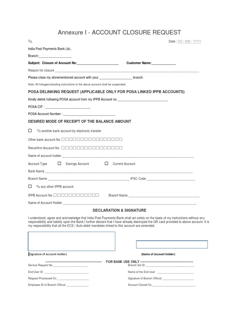 Account Closure Format | PDF | Banks | Point Of Sale