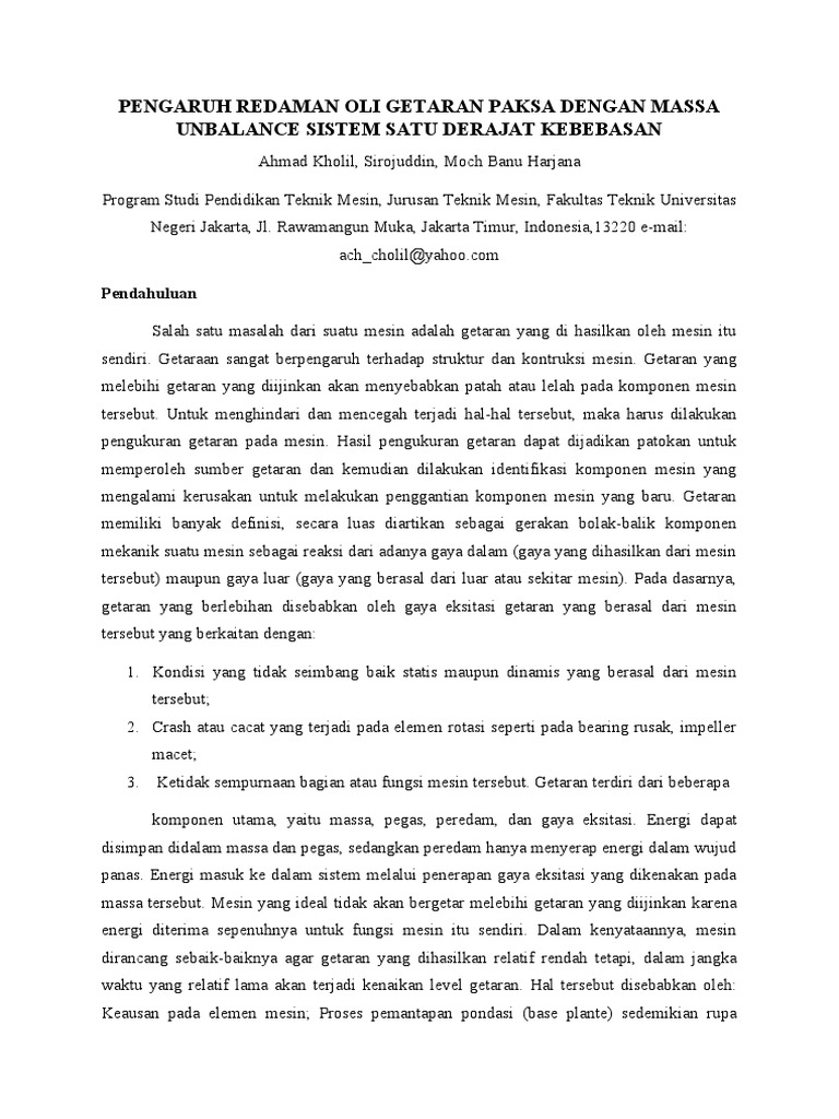 Pengaruh Redaman Oli Getaran Paksa Dengan Massa Unbalance Sistem Satu ...