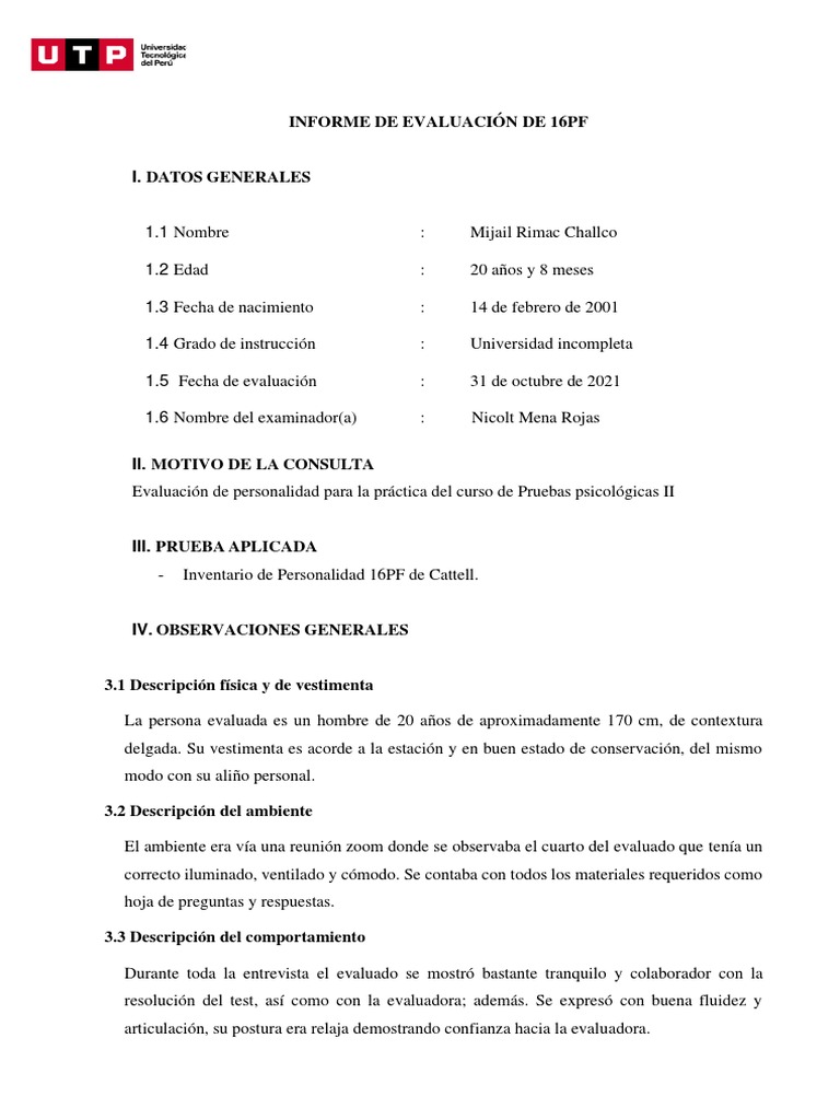 Informe de Evaluación de 16PF - Ta 3 | PDF | Sicología | Conceptos psicologicos