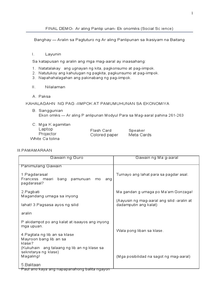 Detailed Lesson Plan Ugnayan NG Kita Pagkonsumo at Pag Iimpok PDF Free ...