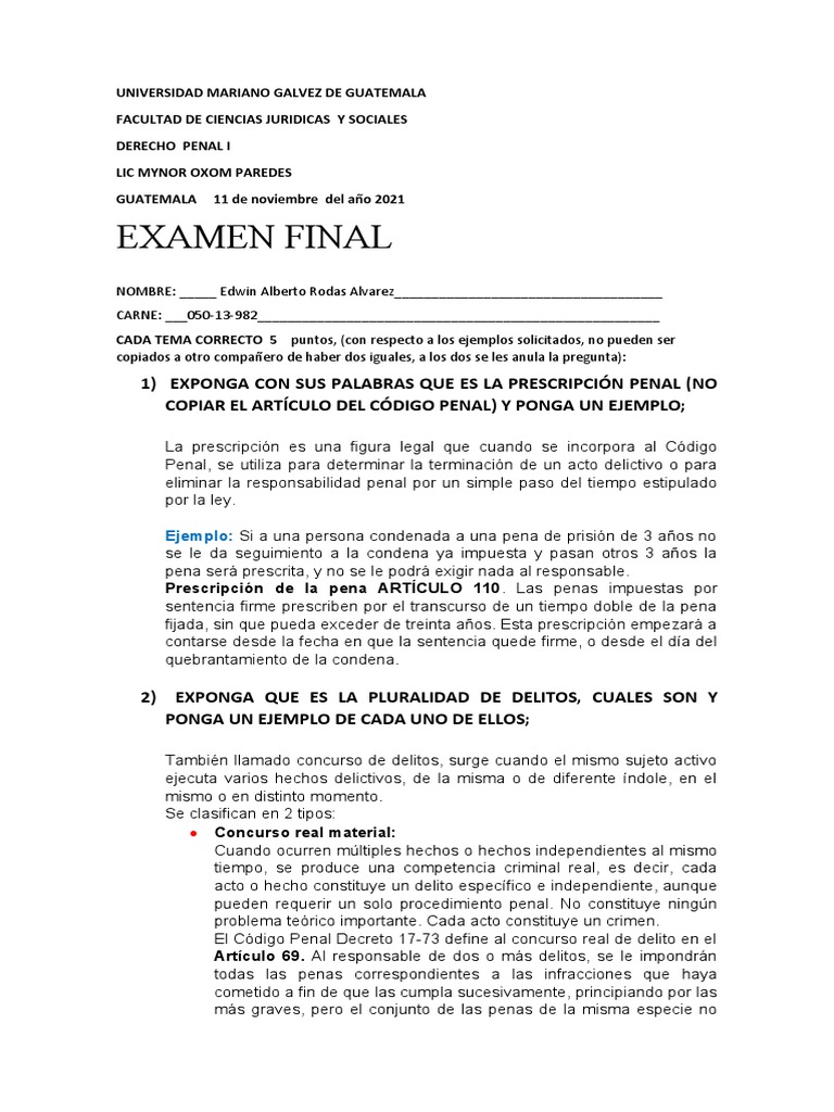 EXAMEN FINAL PENAL 2021 Edwin Alberto Rodas. | PDF | Perdón | Castigos