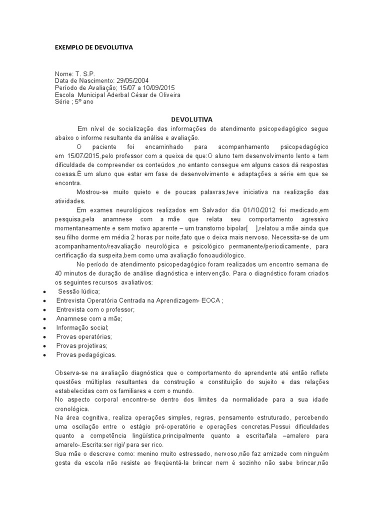 Exemplo de Devolutiva | Download grátis PDF | Aprendizado | Pedagogia