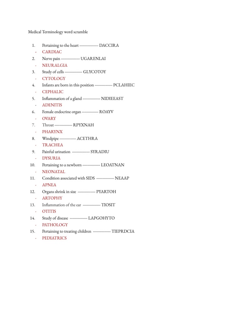 Medical Terminology Word Scramble | PDF