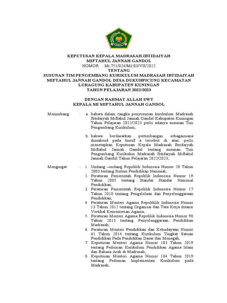 Lampiran 1 SK Susunan Tim Kurikulum | PDF