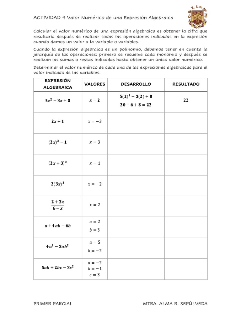 Valor Numérico de Expresiones Algebraicas | PDF