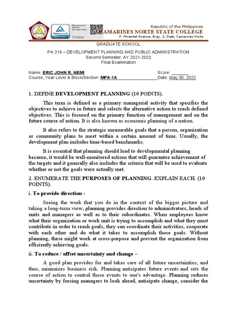 FINAL-EXAM-DEVT-PLANNING-Eric John-Nemi | PDF | Urban Planning | Public Administration