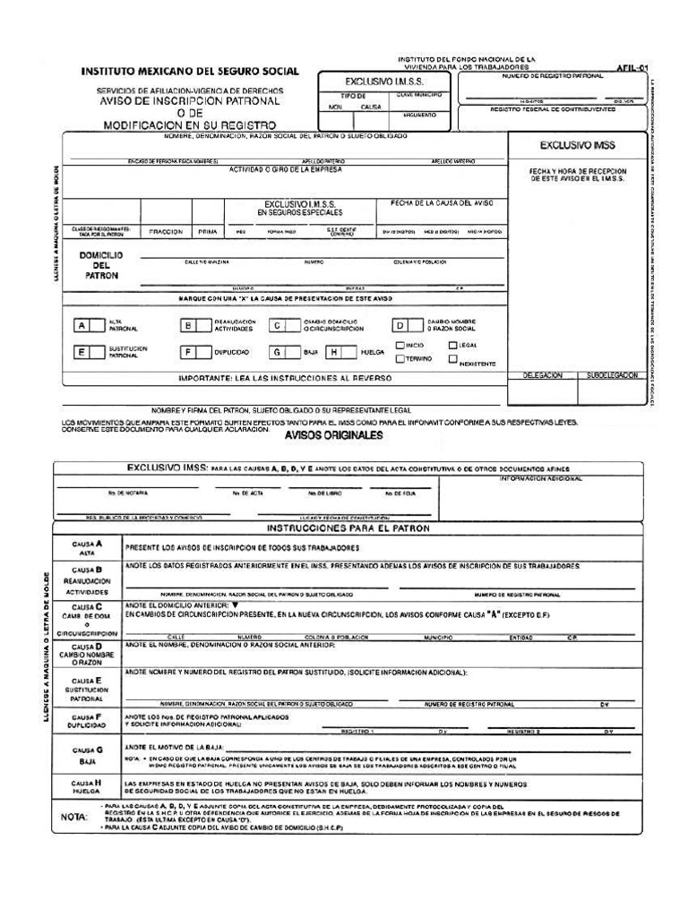 Afil 01 Aviso De Inscripcion Patronal O Modificación En Su Registro Pdf