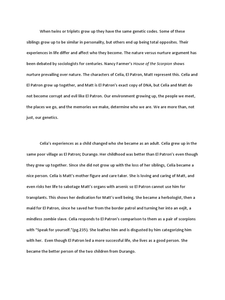 House of Scorpion Essay | PDF | Nature Versus Nurture