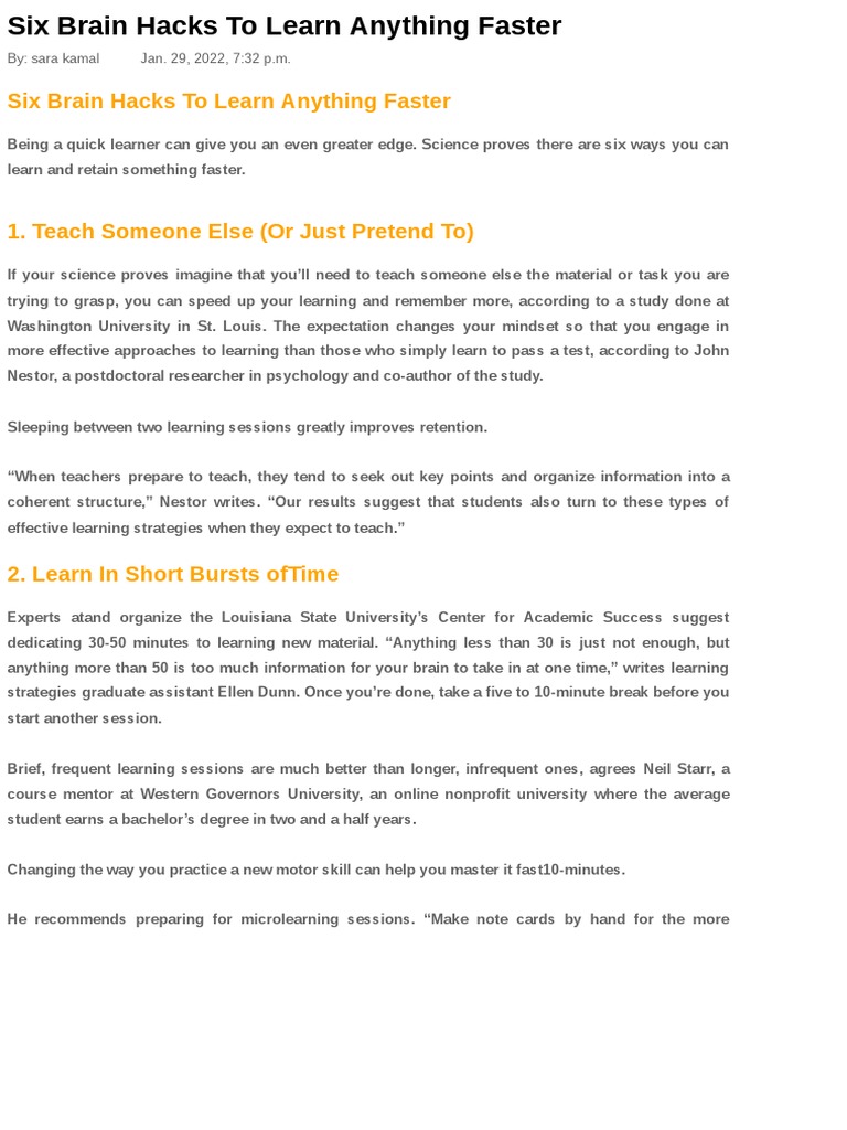 Six Brain Hacks To Learn Anything Faster | PDF | Learning | Sleep