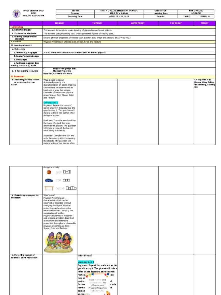 Science Sped Q3 Week 10 | PDF | Shape | Color